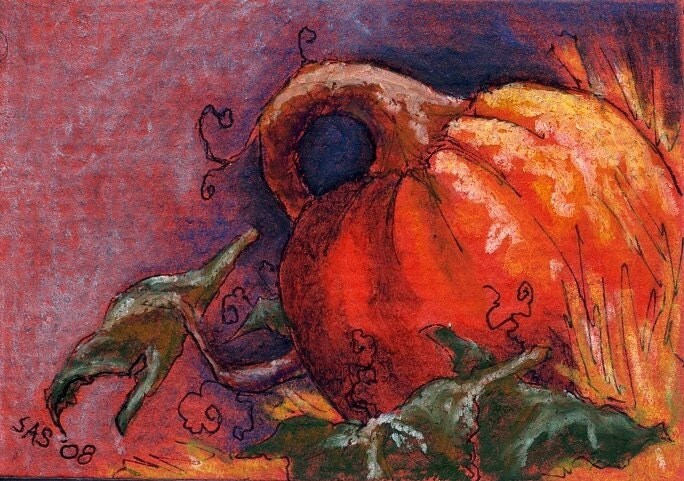 ACEO original art HALLOWEEN oil pastel pumpkin OOAK by artbysas