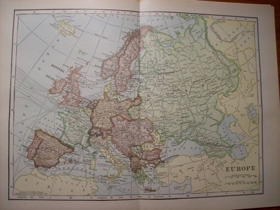 1907 Map Europe Vintage Antique Map Great for Framing by Holcroft 1907 Map Europe Vintage Antique Map Great for Framing by Holcroft