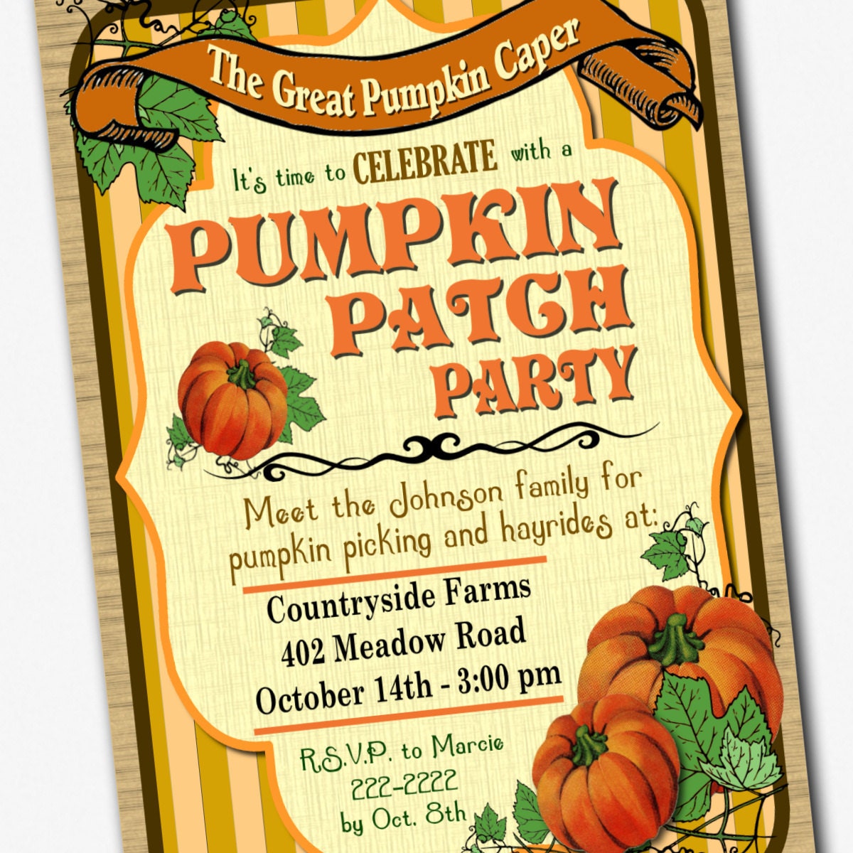 Pumpkin Patch or Harvest Party Invitation Custom 5 x 7 Printable File