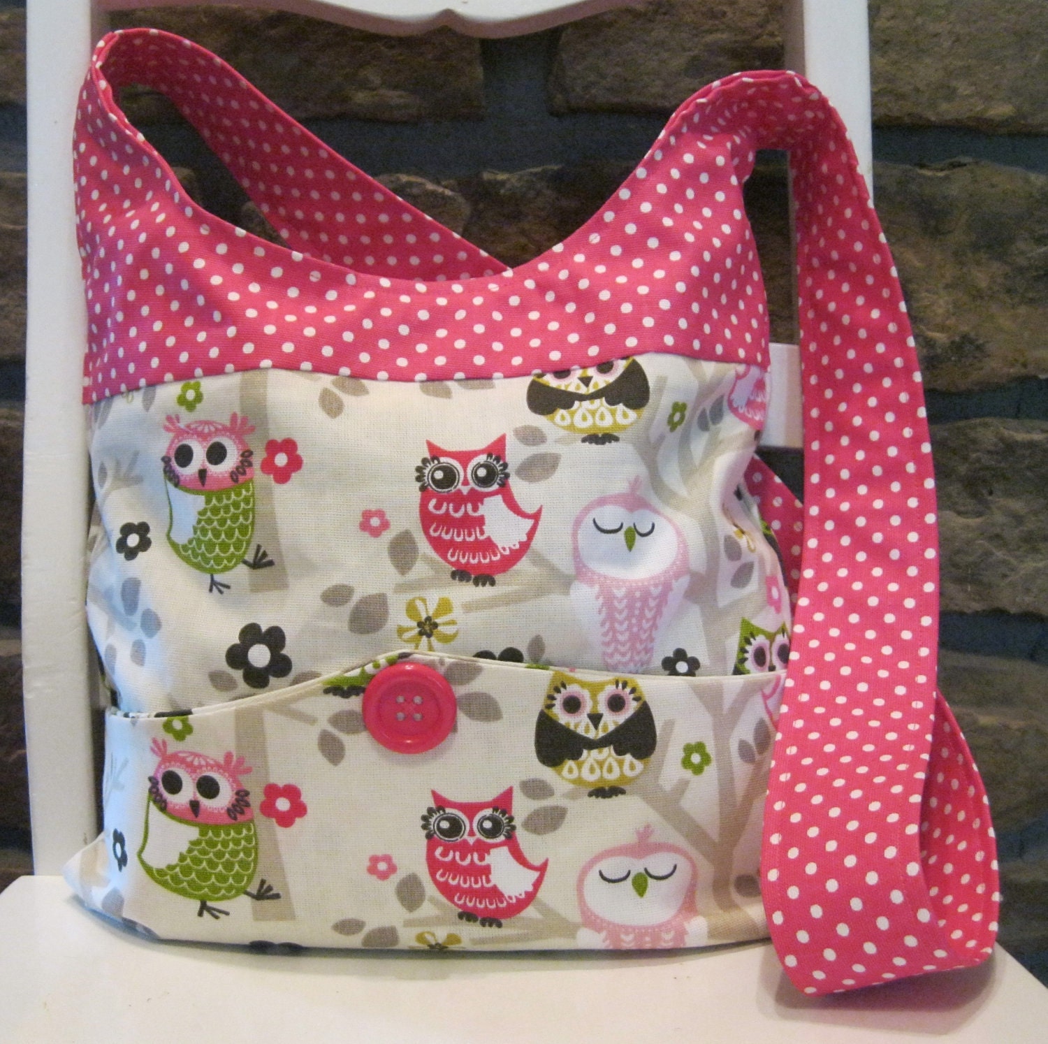 Items Similar To Handmade Fabric Bags Purses Shoulder Bag Owl And Pink Polka Dot Pattern 