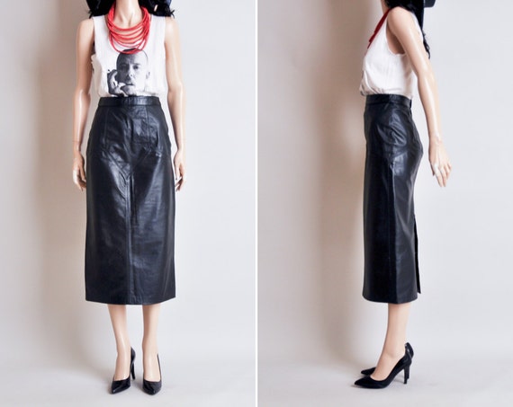 Black Leather High Waist Midi Pencil Skirt By Persephonevintage