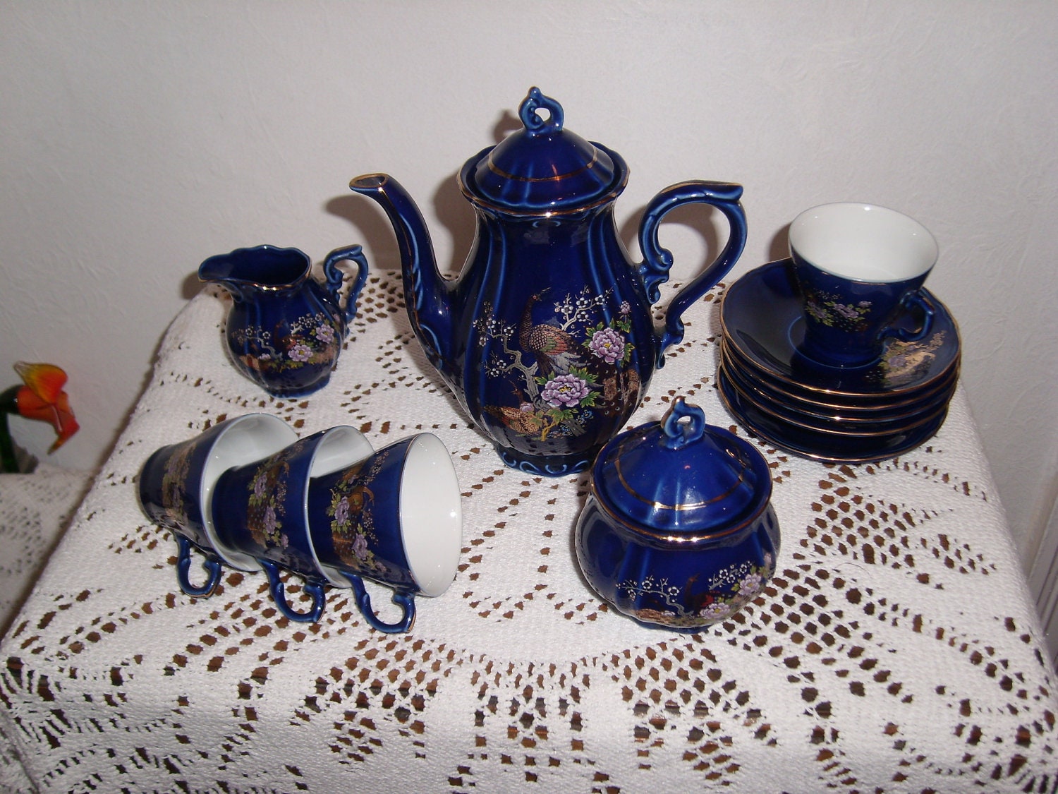 Gold Peacock Cobalt Blue Japanese Porcelain Tea Set By Deansy