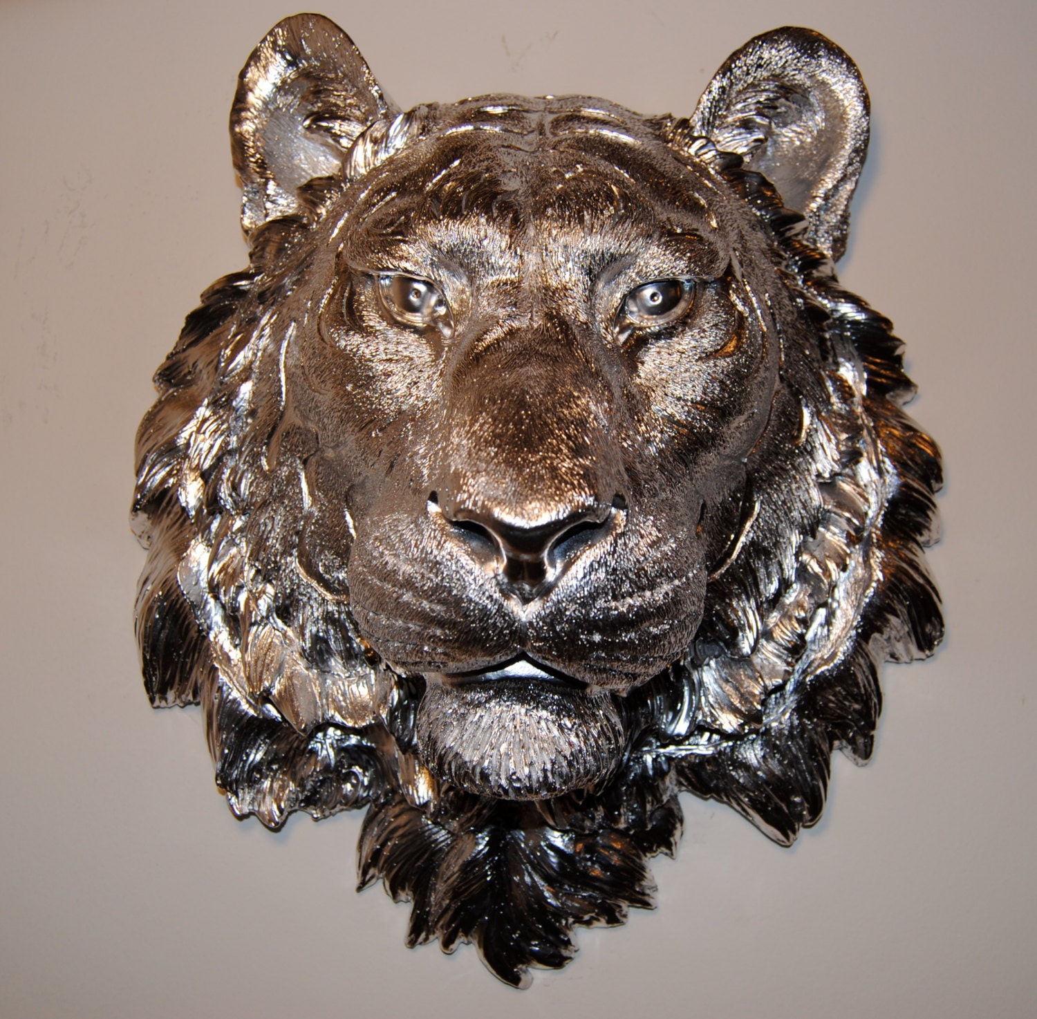 Chrome Tiger Head Wall Mount Faux Taxidermy T13 by NearAndDeer Chrome Tiger Head Wall Mount Faux Taxidermy T13 by NearAndDeer