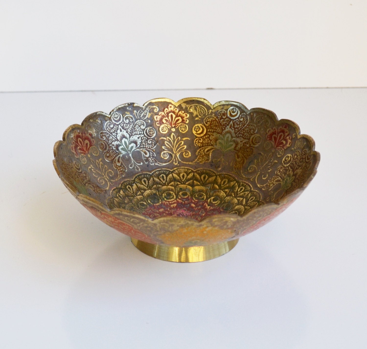 Vintage Brass Peacock Bowl Enamel and Brass Bowl by JudysJunktion Vintage Brass Peacock Bowl Enamel and Brass Bowl by JudysJunktion