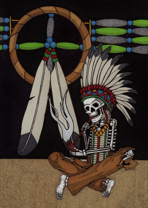 Items similar to Native American Skeleton 5x7 Ink Drawing Peace Pipe ...