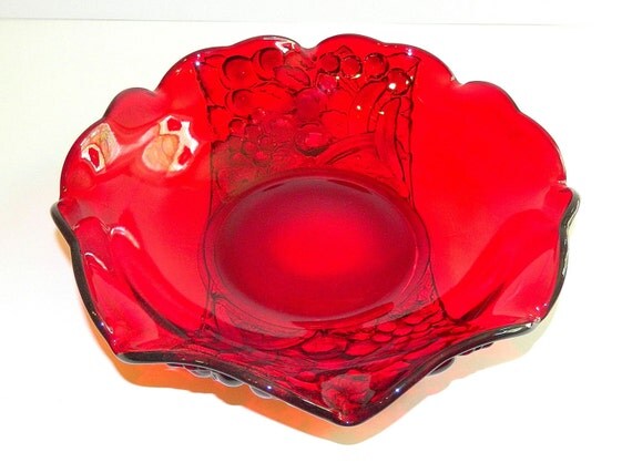 Vintage Ruby Red Pressed Glass Fruit Bowl By Opalsvintagecottage