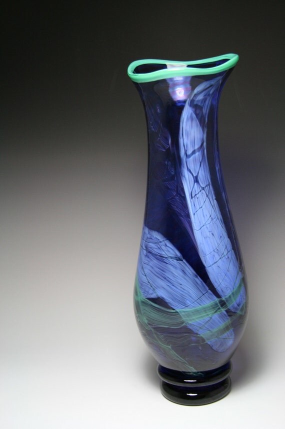 Blown Glass Vase Tall Glass Vase Blue By Kennethmarineglass