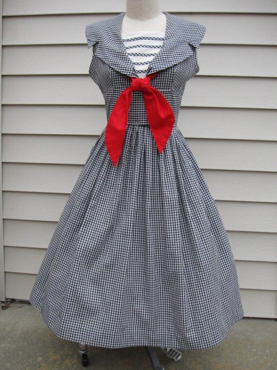 Navy Gingham 1950s Sailor Dress With Red By Echoesoftimevintage