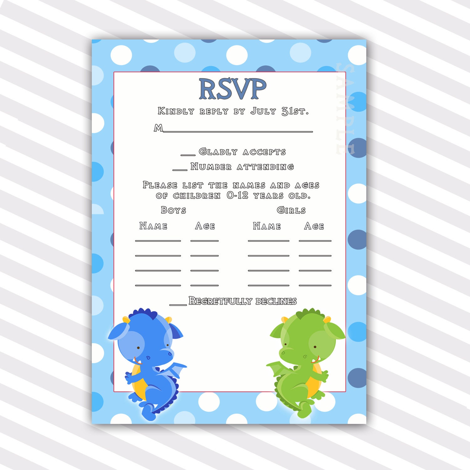 Birthday RSVP Cards Notes Polka Dots Green Blue By Pinkthecat
