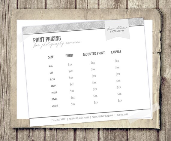 Photography Price List Prints Portrait By PhotographTemplates