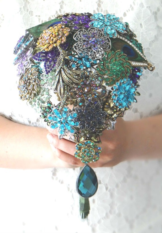 Items Similar To Cascading Peacock Brooch Bouquet With Real Peacock Feathers Blue Green Gold