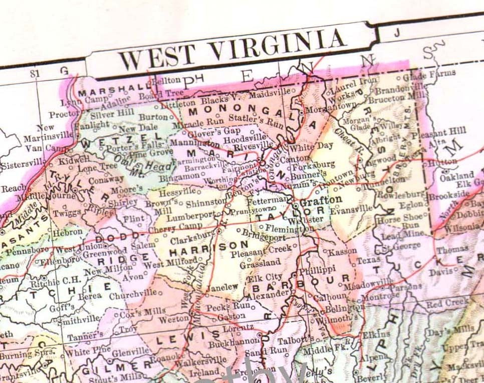 West Virginia Map USA United States 1896 Antique Victorian