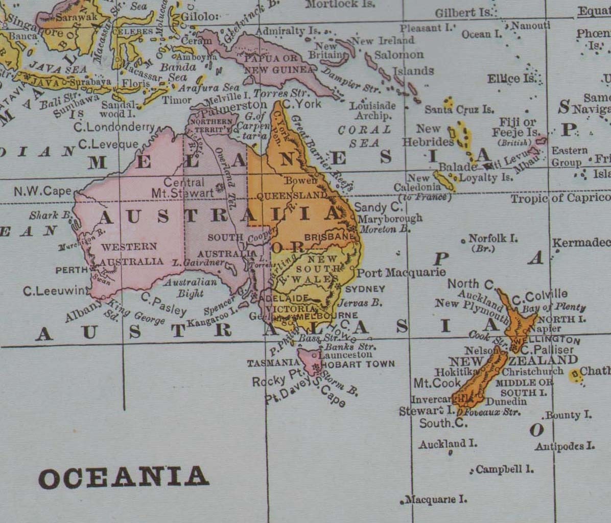 Map Oceania Australia New Zealand Microesia Polynesia South