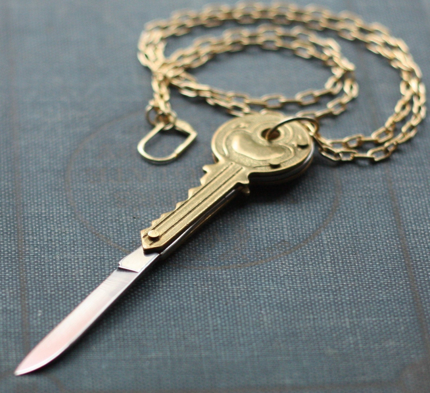 Vintage Brass Key Shaped Pocket Knife Necklace
