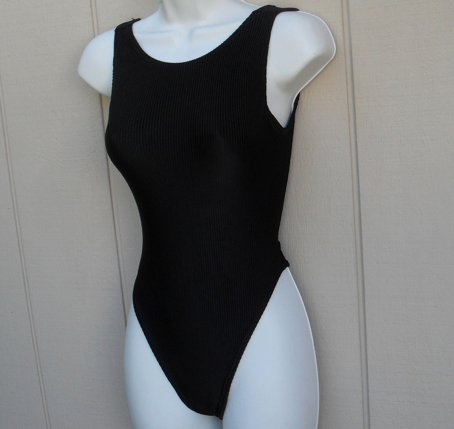 80s Black Shiny Ribbed Spandex Swimsuit Or Leotard Sz Small