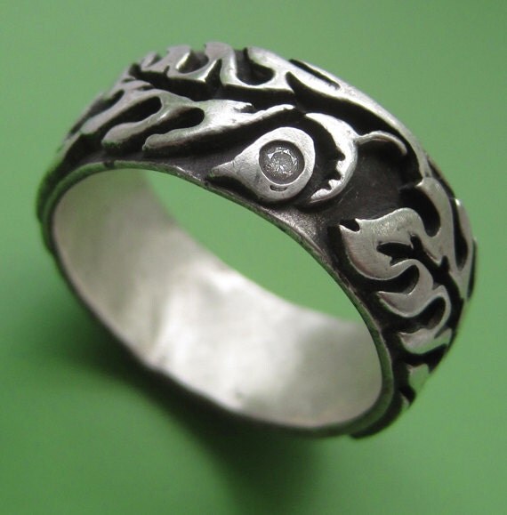 Items similar to Diamond Embedded Extra Wide Silver Oak Ring on Etsy