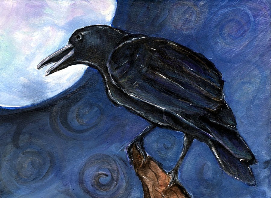 Nevermore Raven Crow Full Moon Orginal Painting by dolphindaze