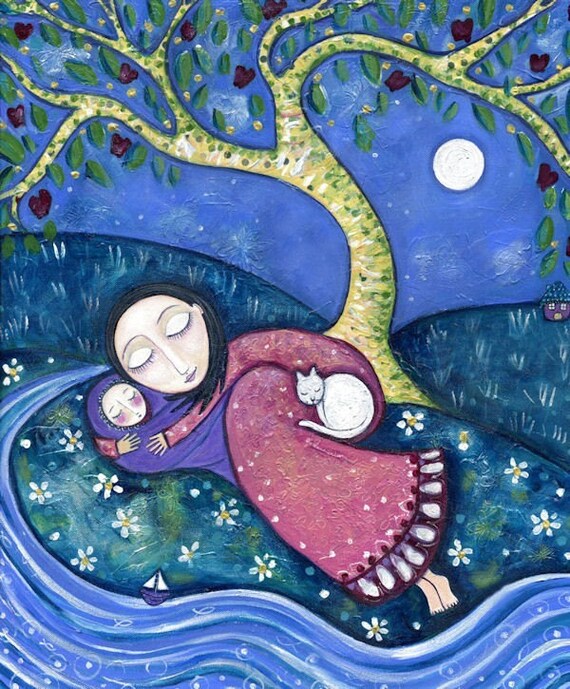 Mother child art baby nursery wall art print whimsical folk