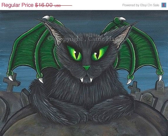 Items similar to Vampire Cat Art Bela Gothic Black Cat Cemetery Fantasy ...