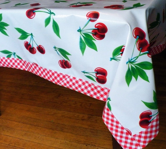 Ready Made Tablecloth in White Cherry Oilcloth by by modernjune