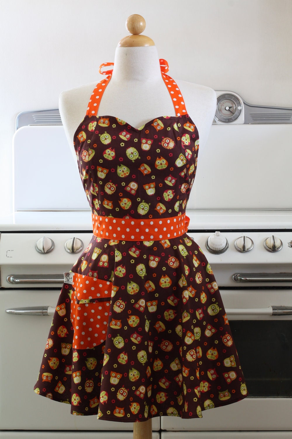 Retro Apron Sweetheart Neckline Happy Owl on Brown BELLA