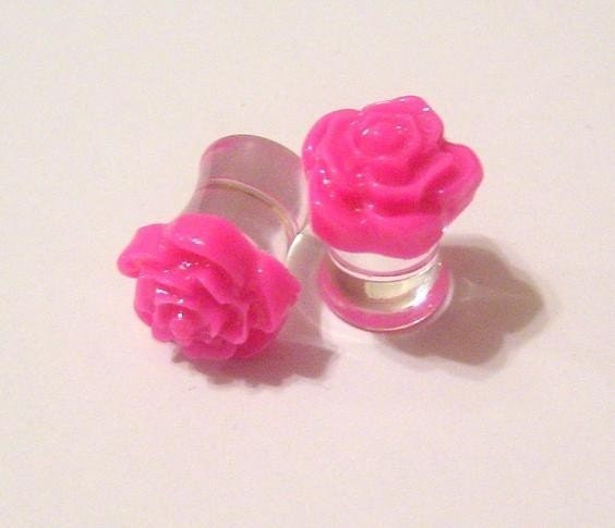 Neon Pink Rose Plugs 0g Double Saddle