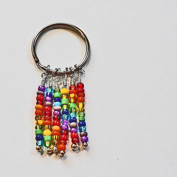 Rainbow beaded Key Ring Keychain Colorful Bright Shiny Beads