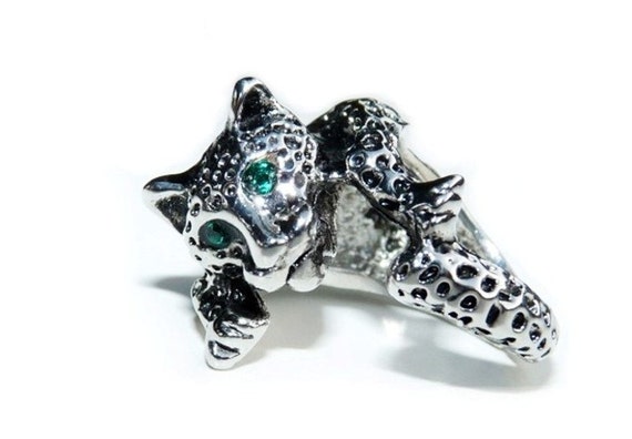 Leopard Ring Green Swarovski Crystal Rhinestone Antique Silver