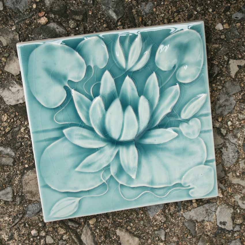 Waterlily Handmade Ceramic Tile Victorian style turquoise