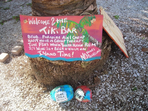 RhondaK FUN tiki bar SIGN with many sayings with pinks aqua