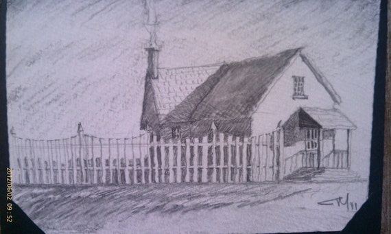 Items similar to Original Pencil Sketch - Homestead and Picket Fence ...