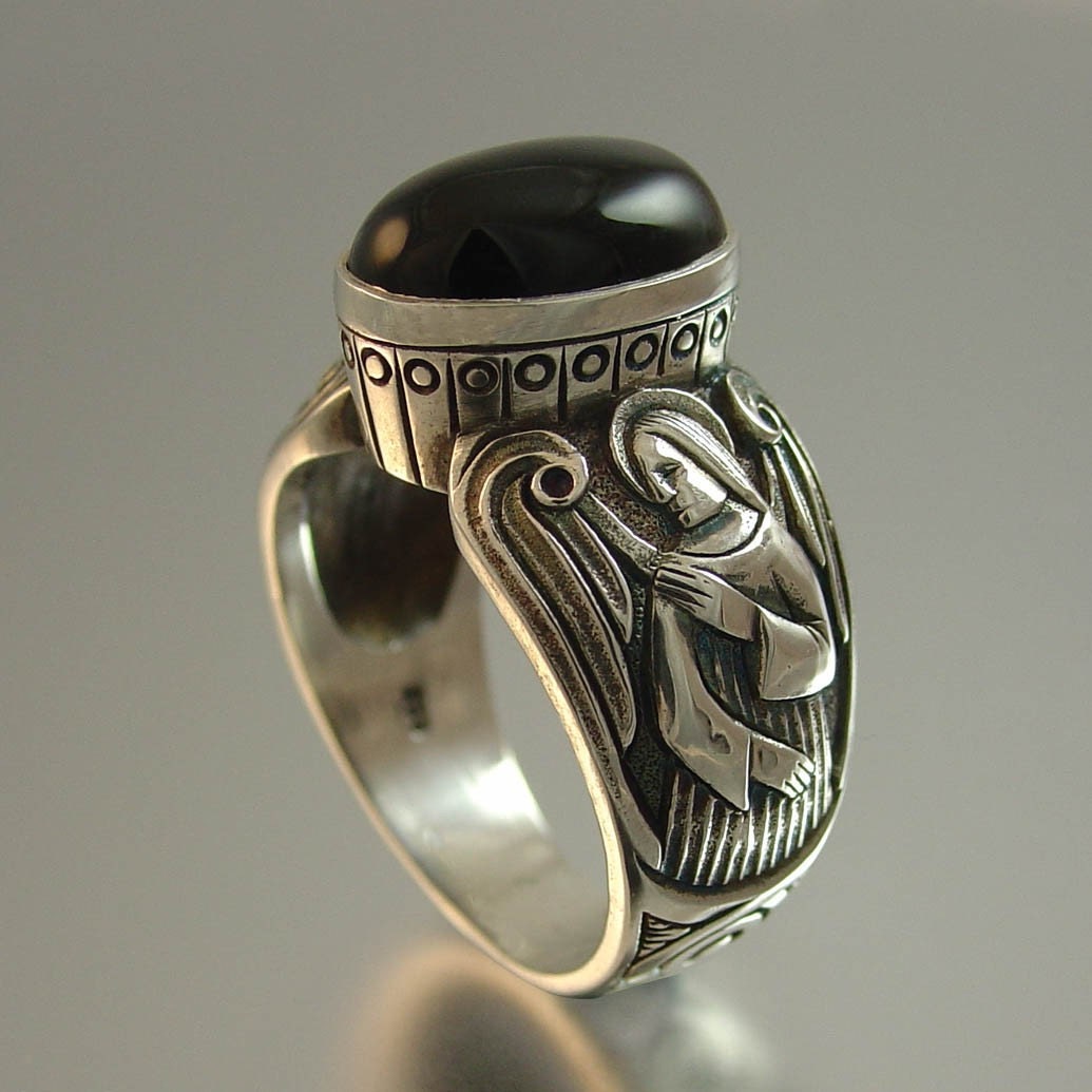 Guardian Angels Black Onyx Mens Silver Ring sizes 8 to 14