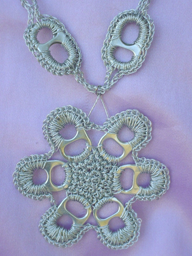 Pull Tab Pop Top Crochet Silver Lame Flower by PopTopLady on Etsy