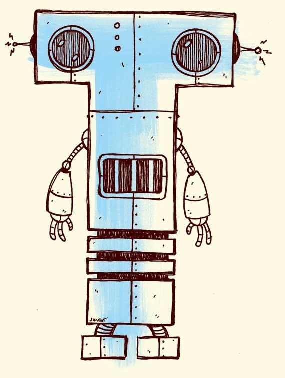 Robot Alphabet Letter T pink blue or green Jimbot