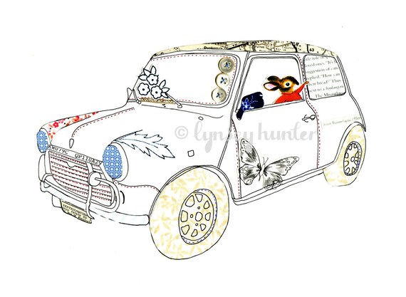Mini Cooper car Ink and collage illustration