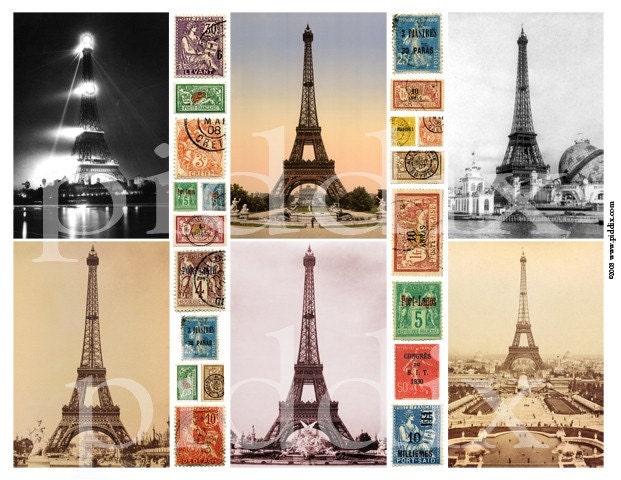 New Vintage Eiffel Tower Postcards and French Stamps in