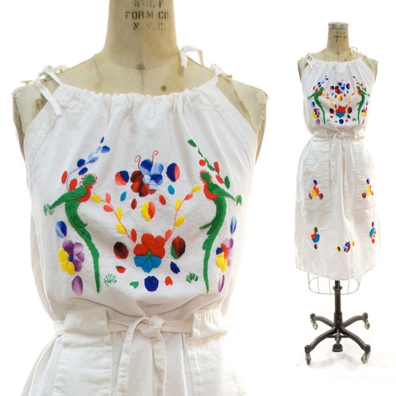 Mexican Embroidered Cotton Sundress with Green by SpunkVintage