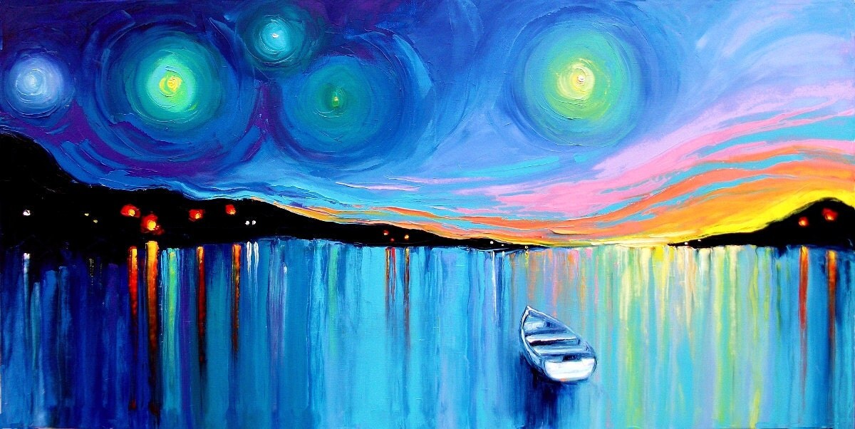 Midnight Harbor XXXVI 18x36 abstract boat signed print
