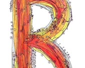 Items similar to Whimsical letter R funky Art Print paint and ink ...