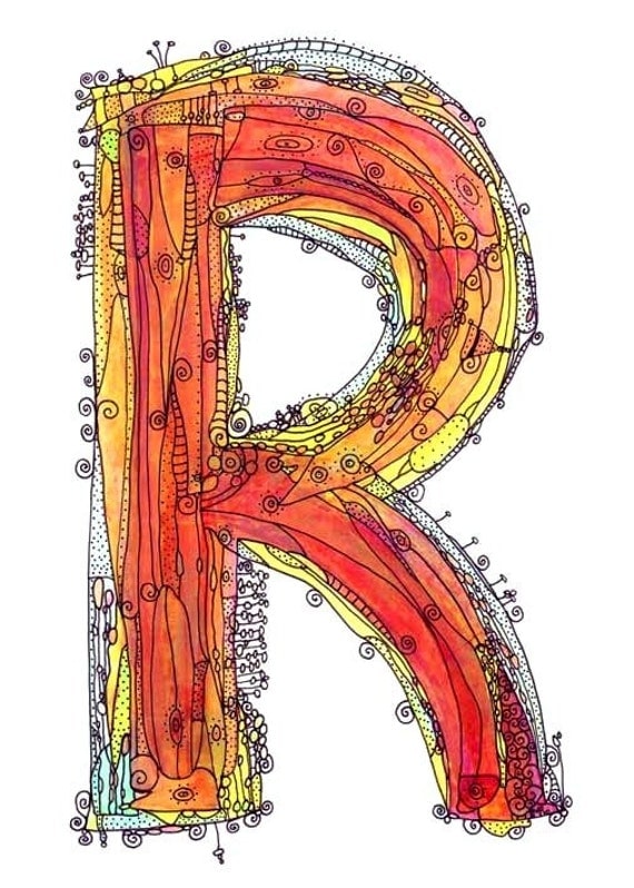 Items similar to Whimsical letter R funky Art Print paint and ink ...