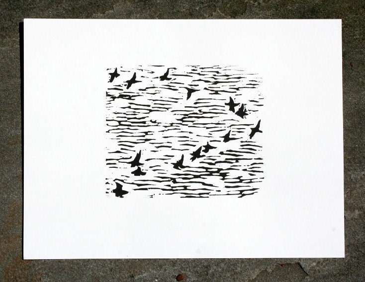 v of birds linoleum block print 9 x 12 wall art by PerlaAnne