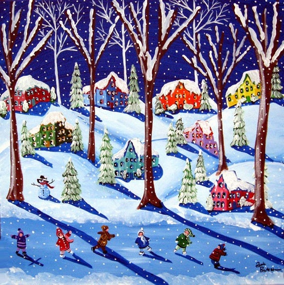 Winter Whimsical Ice Skating Kids Snow Colorful Folk Art