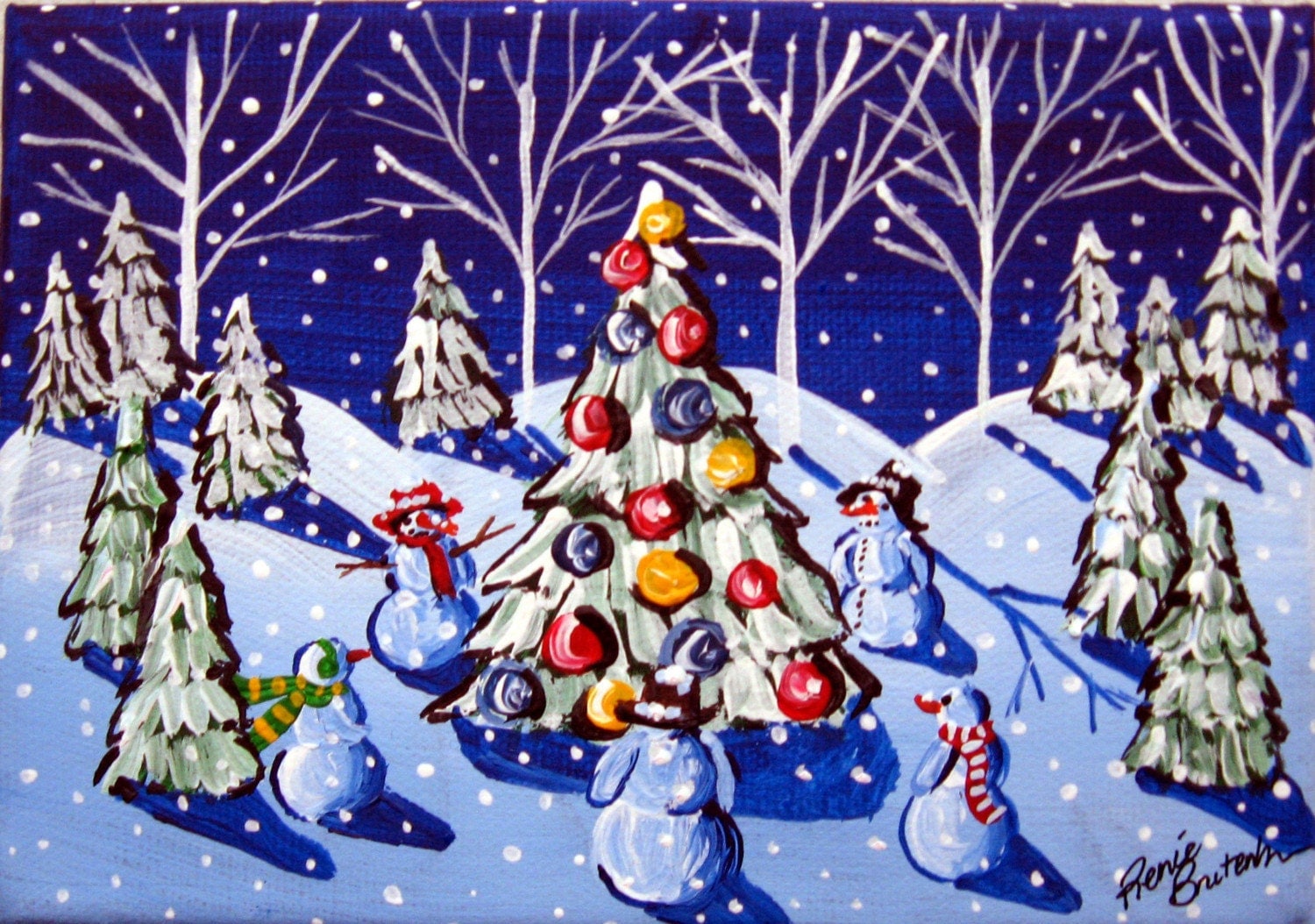 Snowman Celebration Whimsical Winter Holiday Folk Art Canvas