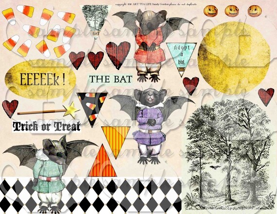 ART TEA LIFE Bat Collage Sheet Halloween Digital File atc aceo