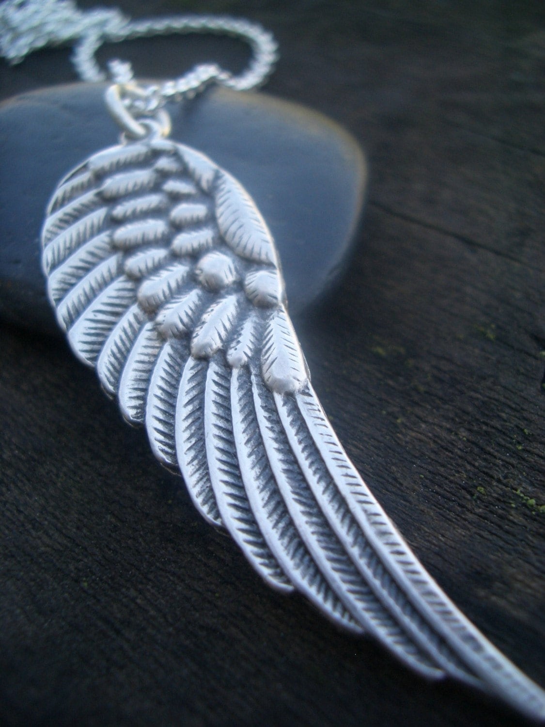 Large Hand Stamped Angel Wing Necklace by donnaodesigns
