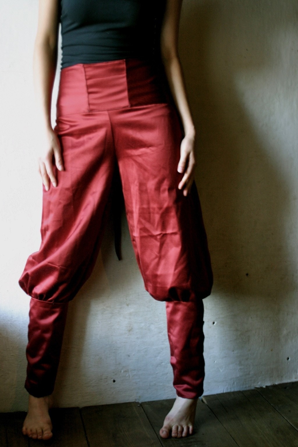 Deep red Satin Pants reserved for sushiandaske by larimeloom