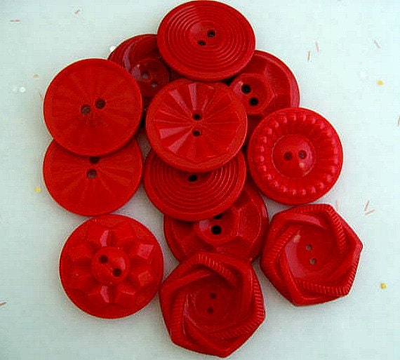Red Fancy 1 inch Sewing Buttons Collection of 12 Vintage