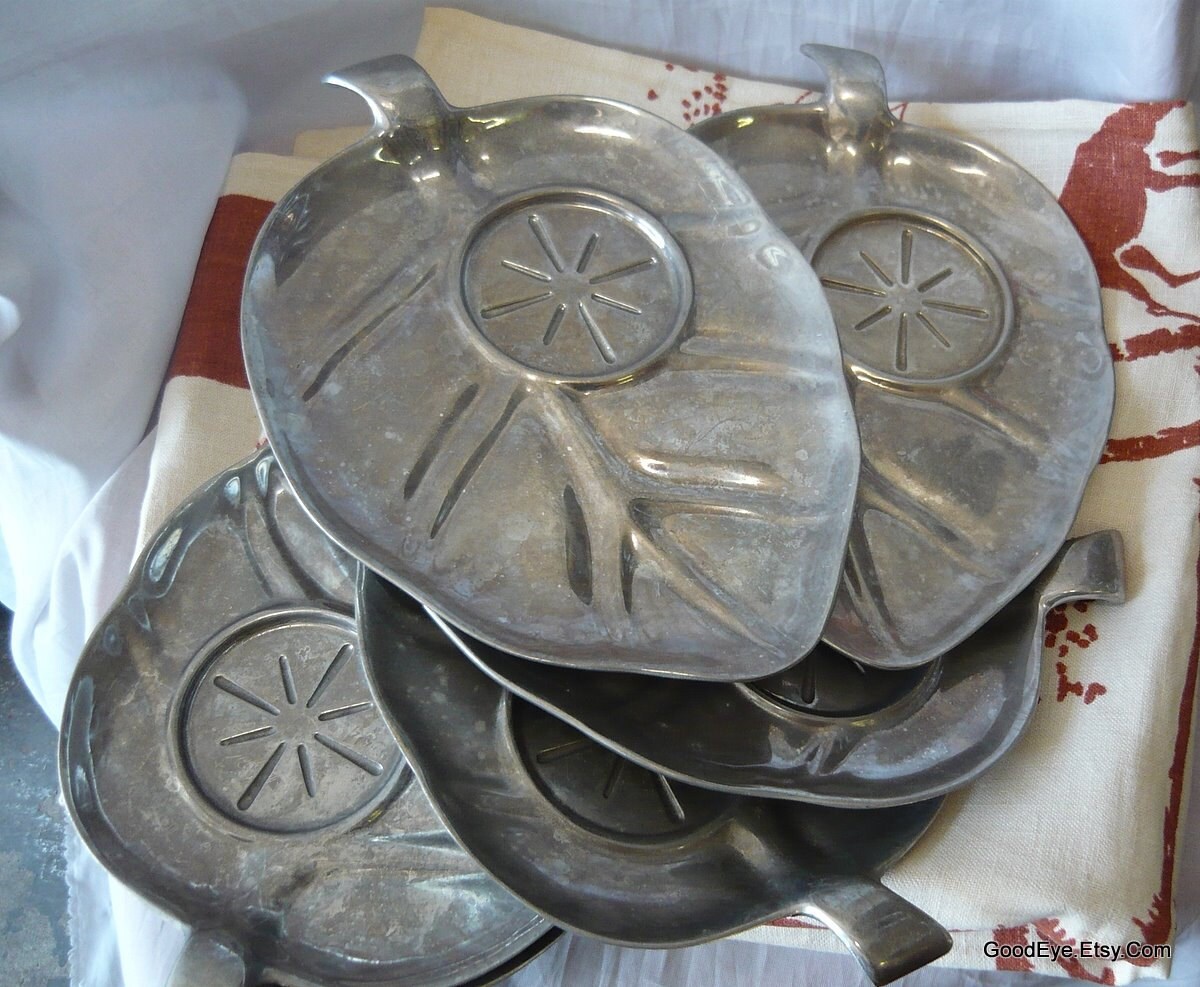 Vintage LEAF Stacking Plates Snack Set 6 Pc Cast METAL Heavy Party ...