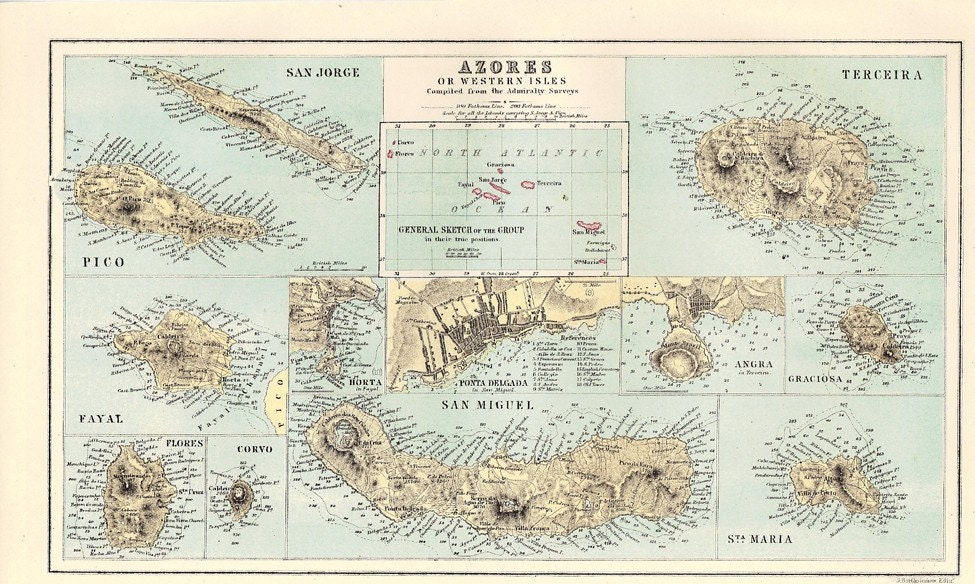 Antique 1885 Map of The Azores or Western Isles