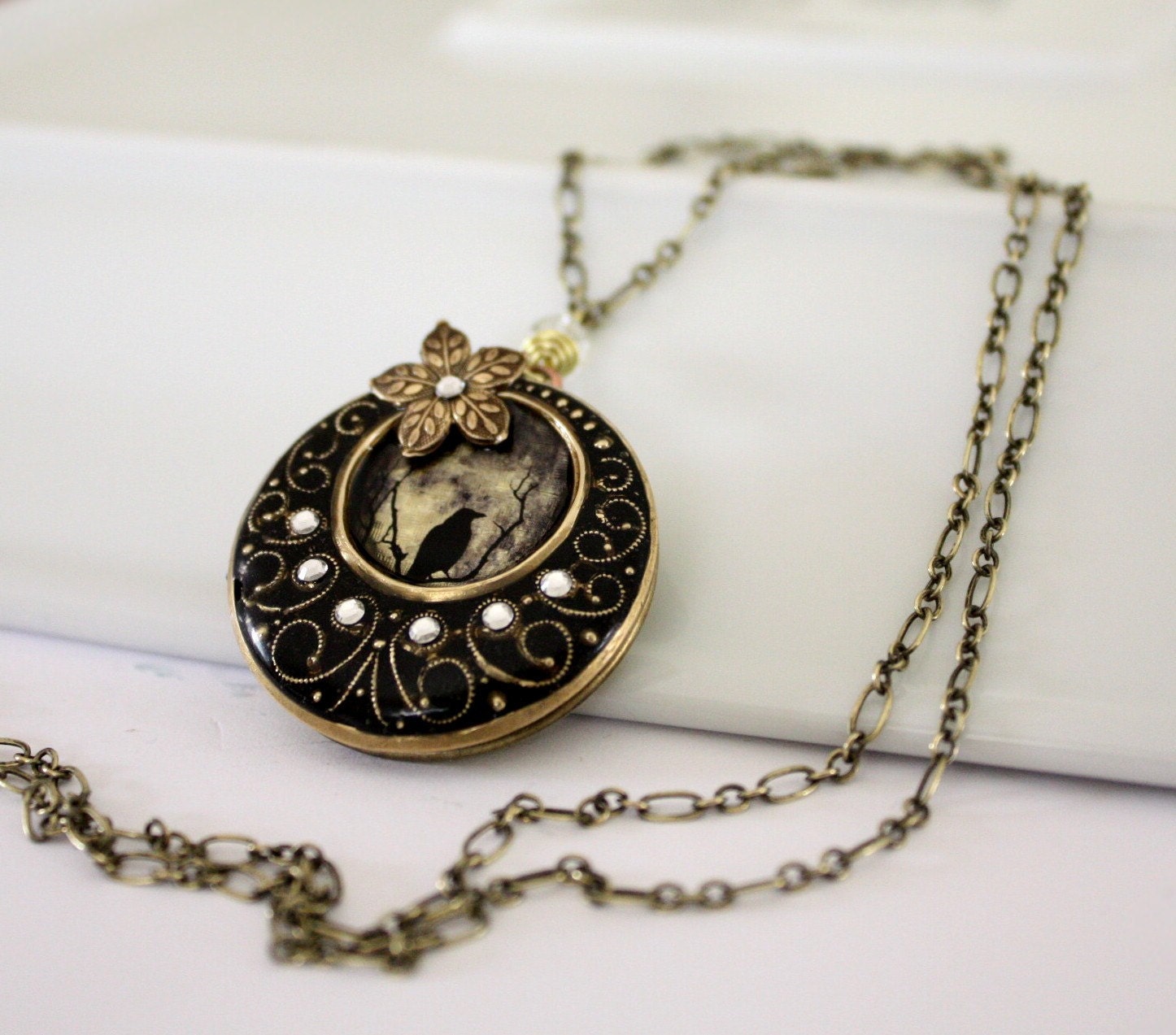 Locket Black Bird Necklace Resin Locket Enamel Locket